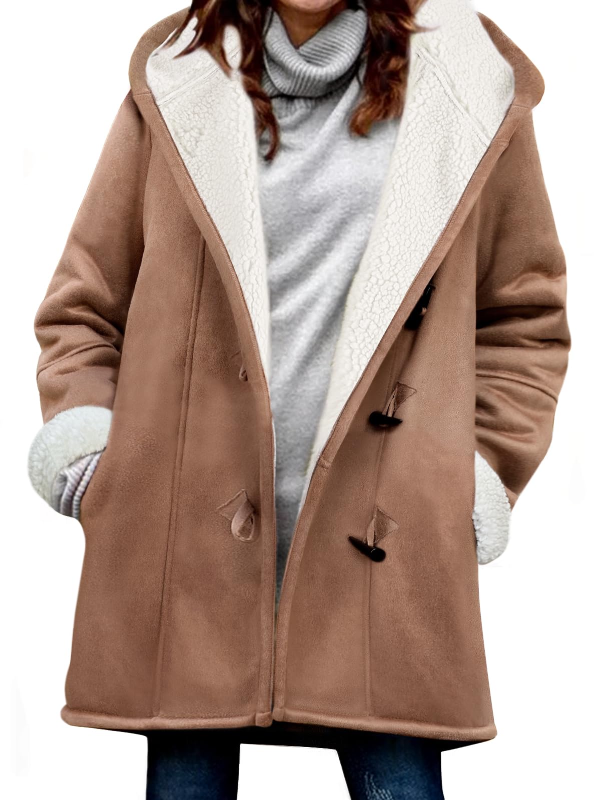 HEEKPEK Women Hoodies Fleece Jackets Soft Fuzzy Long Hoodie Sweatshirt Casual Sherpa Hoodies Horn Button Coats Winter