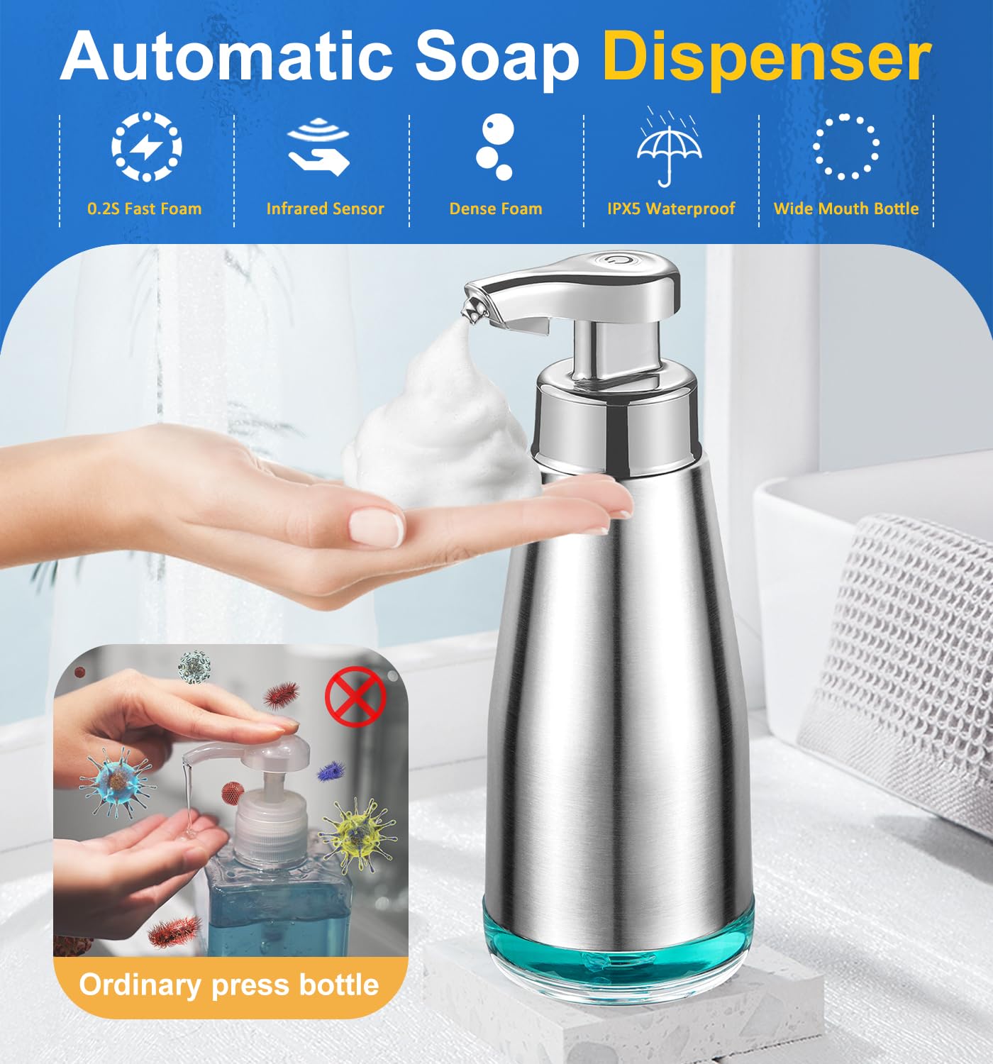 Kekele Baby Automatic foaming Soap Dispenser-Stainless Steel Sensor-14 Oz/400ml Sensor Auto Soap Dispenser Kitchen Sink,Bathroom,Kitchen-Rechargeable Electric Foam Touchless Stainless-silver