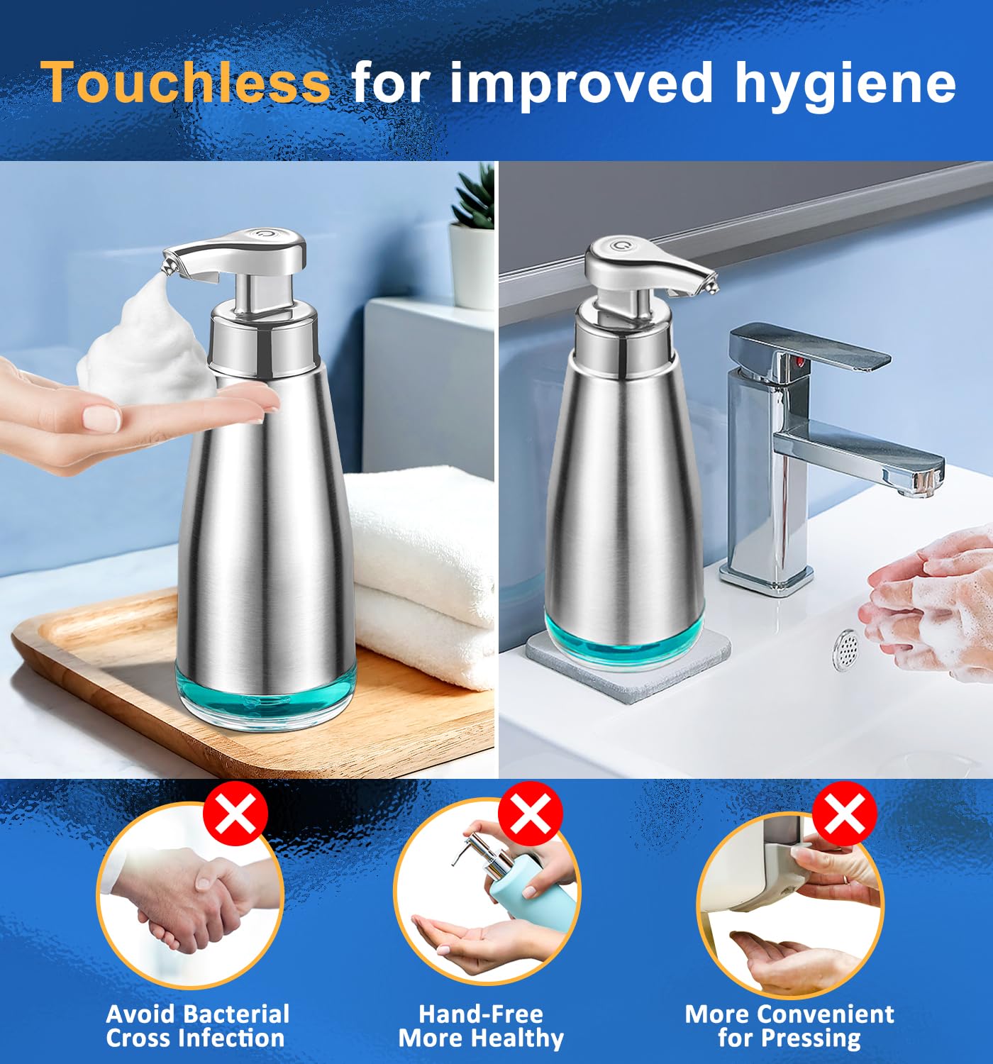 Kekele Baby Automatic foaming Soap Dispenser-Stainless Steel Sensor-14 Oz/400ml Sensor Auto Soap Dispenser Kitchen Sink,Bathroom,Kitchen-Rechargeable Electric Foam Touchless Stainless-silver