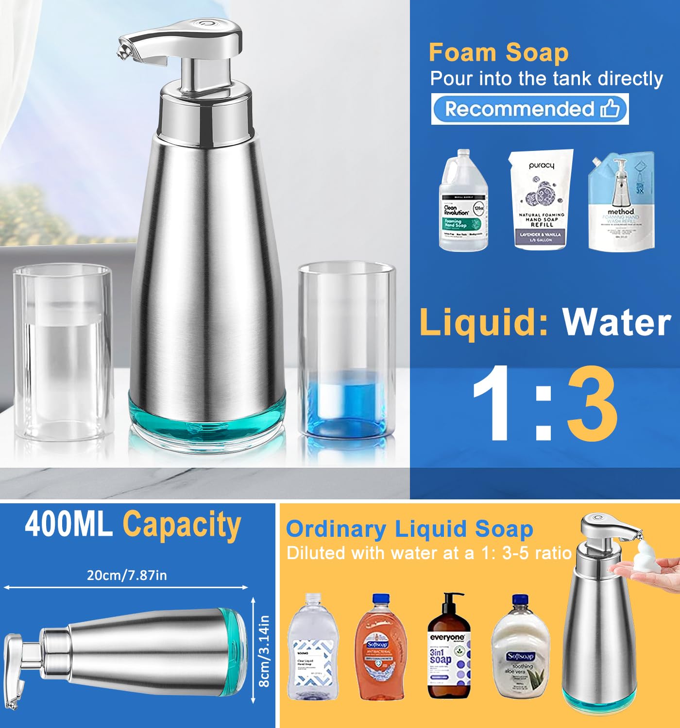 Kekele Baby Automatic foaming Soap Dispenser-Stainless Steel Sensor-14 Oz/400ml Sensor Auto Soap Dispenser Kitchen Sink,Bathroom,Kitchen-Rechargeable Electric Foam Touchless Stainless-silver