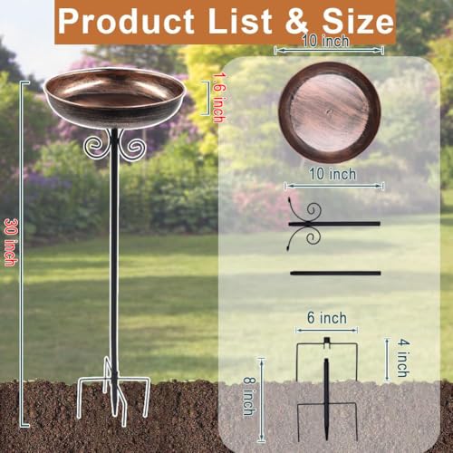 OUISJYER Small Metal Bird Baths for Outdoors, 10" Dia Bowl with Stake Birdbaths Garden Yard Lawn Decor Brown