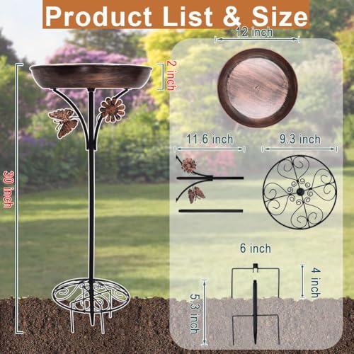 OUISJYER Metal Bird Baths for Outdoors, 12" Dia Bowl with Stake Birdbaths Garden Yard Lawn Decor Brown