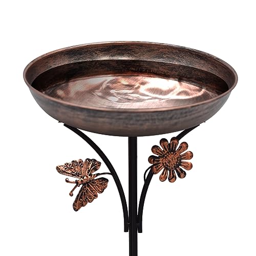 OUISJYER Metal Bird Baths for Outdoors, 12" Dia Bowl with Stake Birdbaths Garden Yard Lawn Decor Brown