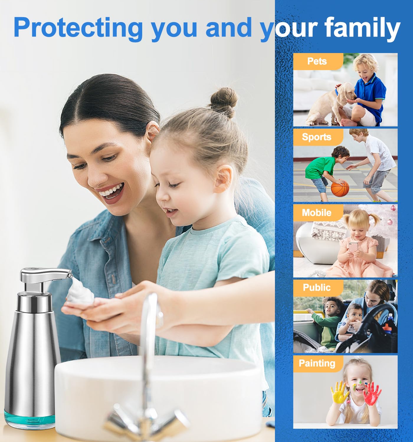 Kekele Baby Automatic foaming Soap Dispenser-Stainless Steel Sensor-14 Oz/400ml Sensor Auto Soap Dispenser Kitchen Sink,Bathroom,Kitchen-Rechargeable Electric Foam Touchless Stainless-silver