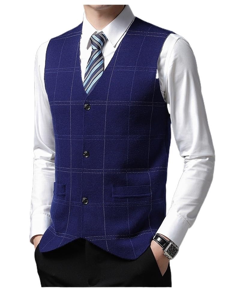 TEMKIN Men's Plaid Collarless Vest Single Breasted Casual Cardigan Vest Menswear (Color : Styles-6, Size : XXL)