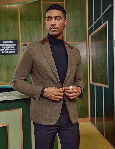 Mens Herringbone Blazer Vintage Tweed Blazer British Wool Blend Sport Coat Light Coffee L