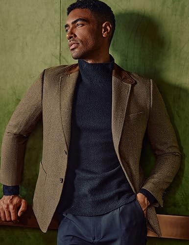 Mens Herringbone Blazer Vintage Tweed Blazer British Wool Blend Sport Coat Light Coffee L