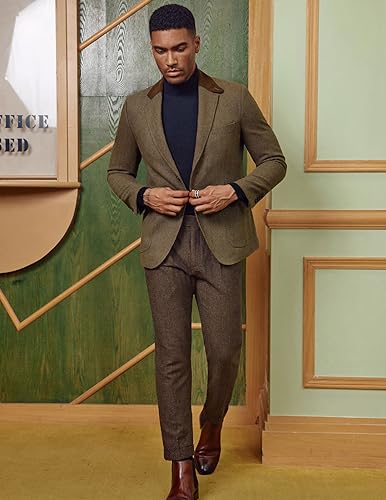 Mens Herringbone Blazer Vintage Tweed Blazer British Wool Blend Sport Coat Light Coffee L