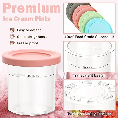 EVANEM 2/4/6PCS Creami Pints, for Ninja Pints with Lids,16 OZ Ice Cream Pints Reusable,Leaf-Proof for NC301 NC300 NC299AM Series Ice Cream Maker,Gray-2PCS