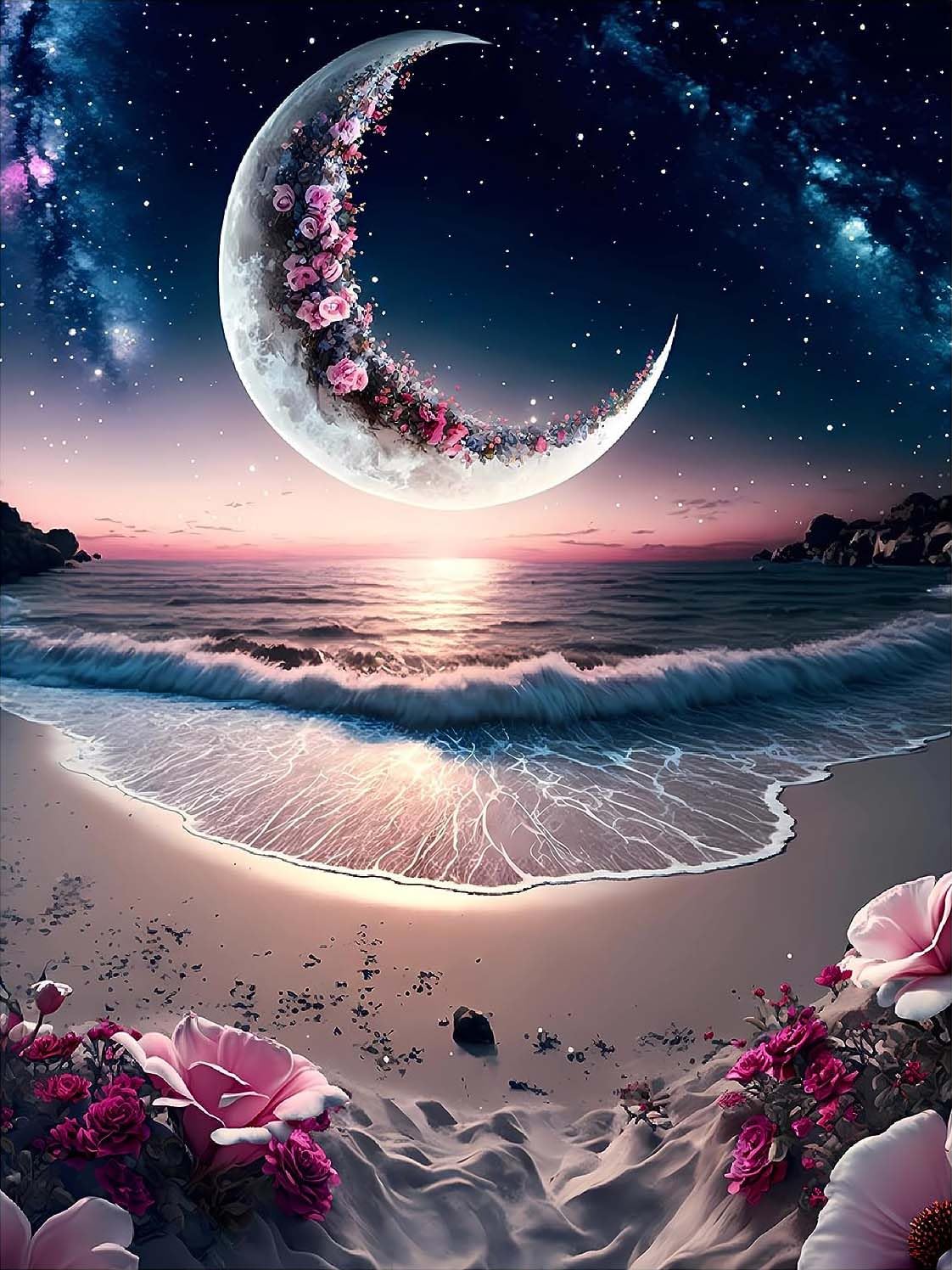 Moon Diamond Painting Kits for Adults,The Beach at Night Diamond Art Kit,Diamond Painting Full Drill Round for Gift,Wall Decor,Relaxing