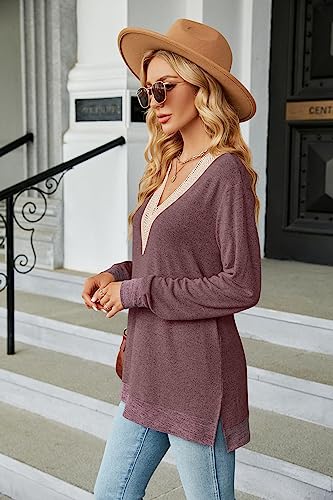 Keificle Women's V-Neck Pullover Color Blocking Long Sleeves Side Split Fall Tunic Tops (Large, 02_Purplish red)