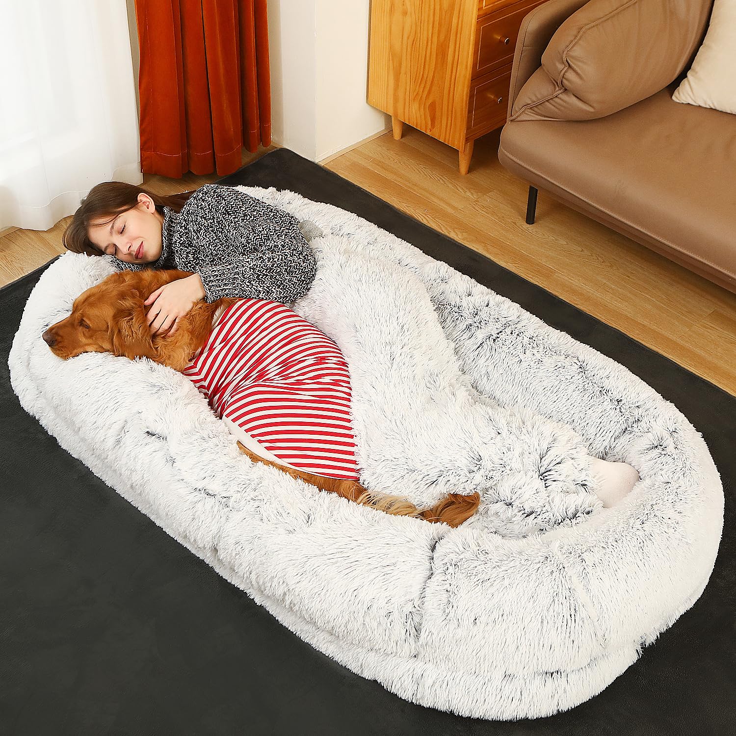 Human Dog Bed, 71"x45"x12" Orthopedic Washable Humans Size Bed, Faux Fur Plush Bed for Human Adults Doze Off, Napping with Blanket - Grey