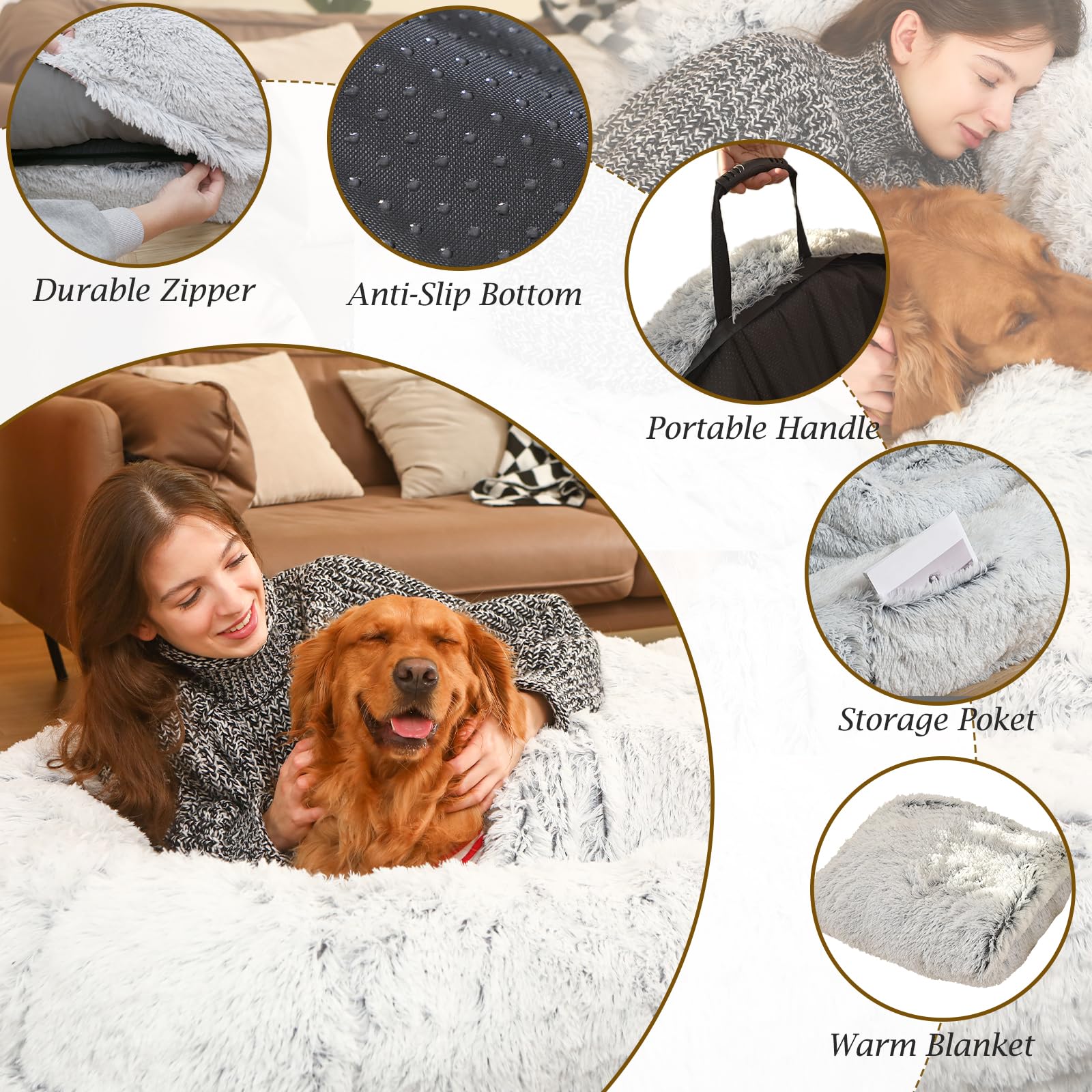 Human Dog Bed, 71"x45"x12" Orthopedic Washable Humans Size Bed, Faux Fur Plush Bed for Human Adults Doze Off, Napping with Blanket - Grey