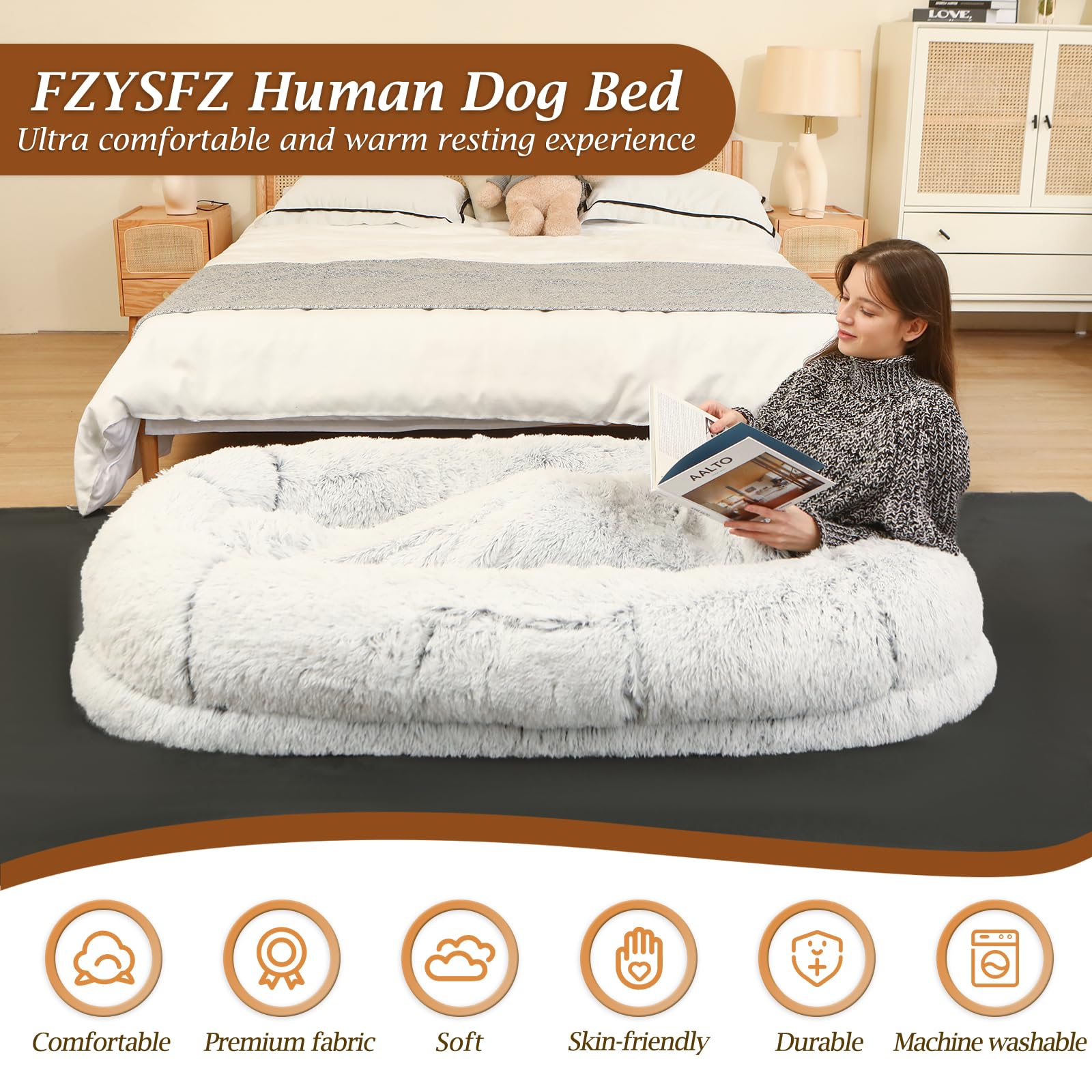 Human Dog Bed, 71"x45"x12" Orthopedic Washable Humans Size Bed, Faux Fur Plush Bed for Human Adults Doze Off, Napping with Blanket - Grey