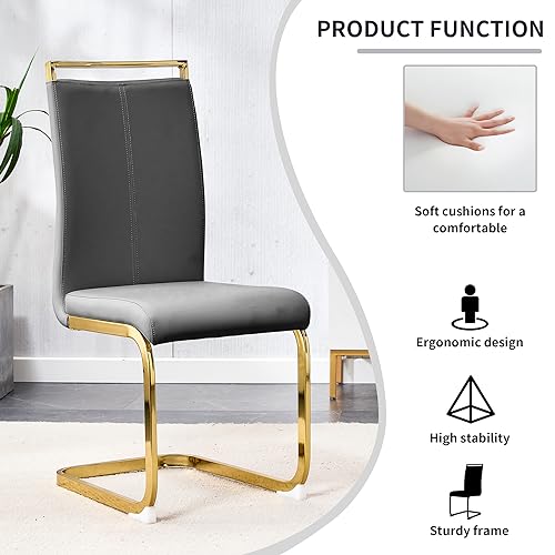 Baysitone Rectangular Glass Dining Table Set for 6, 71 inch Black Marble Polishing Dining Table with 4 Golden Coated Metal Legs, PU Faux Leather Chairs with Golden Metal Legs for Kitchen, Dark Gray
