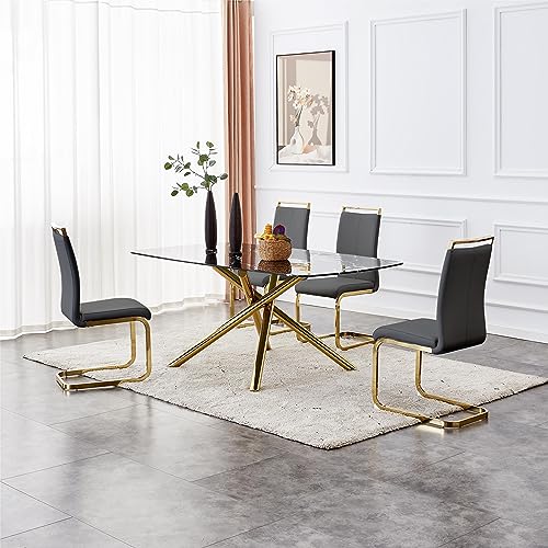 Baysitone Rectangular Glass Dining Table Set for 6, 71 inch Black Marble Polishing Dining Table with 4 Golden Coated Metal Legs, PU Faux Leather Chairs with Golden Metal Legs for Kitchen, Dark Gray