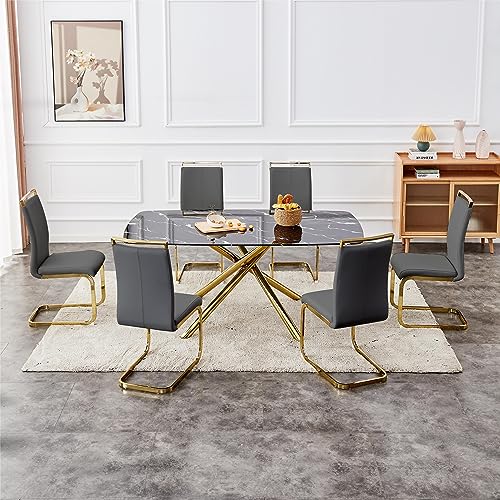 Baysitone Rectangular Glass Dining Table Set for 6, 71 inch Black Marble Polishing Dining Table with 4 Golden Coated Metal Legs, PU Faux Leather Chairs with Golden Metal Legs for Kitchen, Dark Gray