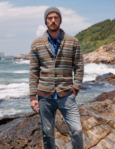 Men's Fair Isle Cardigan Sweater Stylish Ugly Holiday Cardigan Brown 2XL