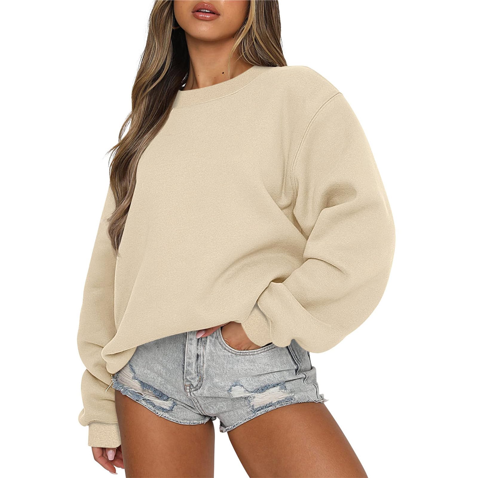 Ceboyel Oversized Sweatshirt For Women Solid Color Crewneck Pullover Tops Long Sleeve Sweaters Fall Fashion Trendy Clothes Sweatshirt Hoodie Beige S