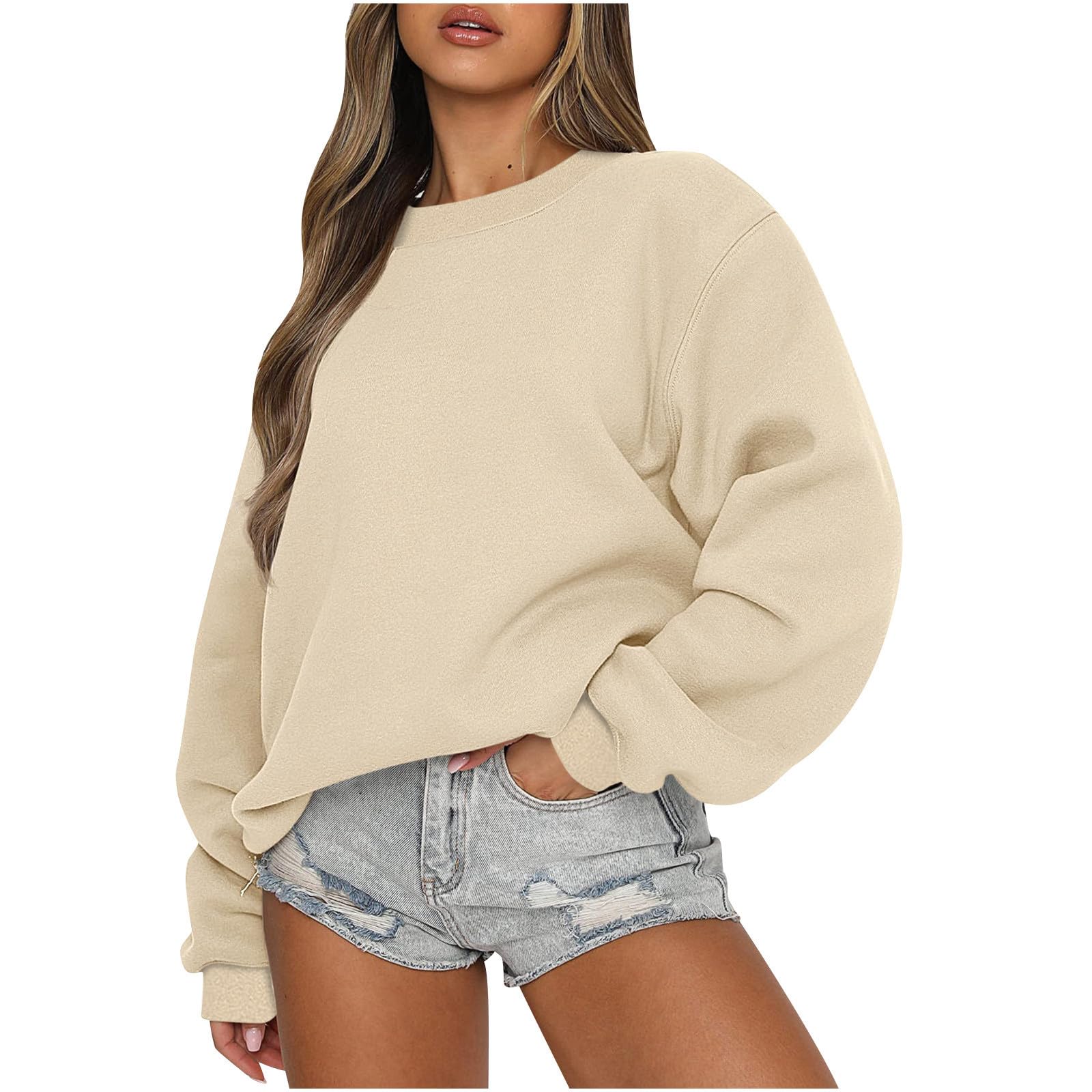 Ceboyel Oversized Sweatshirt For Women Solid Color Crewneck Pullover Tops Long Sleeve Sweaters Fall Fashion Trendy Clothes Sweatshirt Hoodie Beige S