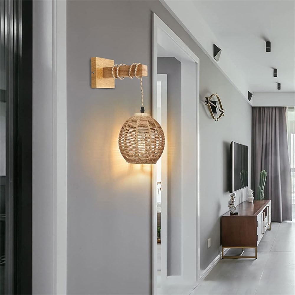 TIGKHAE 2Pcs Bamboo Lantern Wall Sconces Wicker Lamp Cord Hand Woven Rattan Wall Light Lamp Farmhouse Rustic Boho Sconces Wall Lighting for Living Room Bedroom E26
