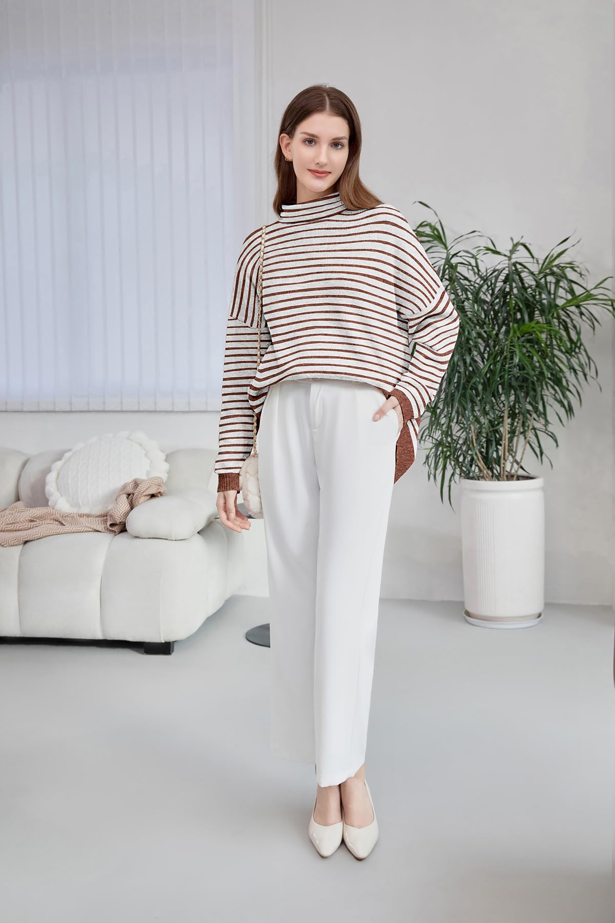 Women's Turtleneck Long Sleeve Striped Oversized Ribbed Knit Pullover Sweater Tops