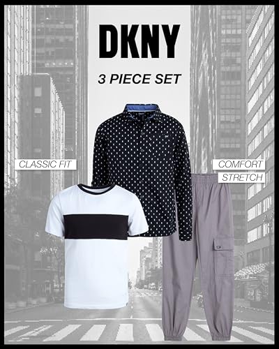 DKNY Boys' Pants Set - 3 Piece Long Sleeve Button Down Plaid Shirt, T-Shirt, Jogger Pants - Clothing Set for Boys (4-12), Size 8, Black