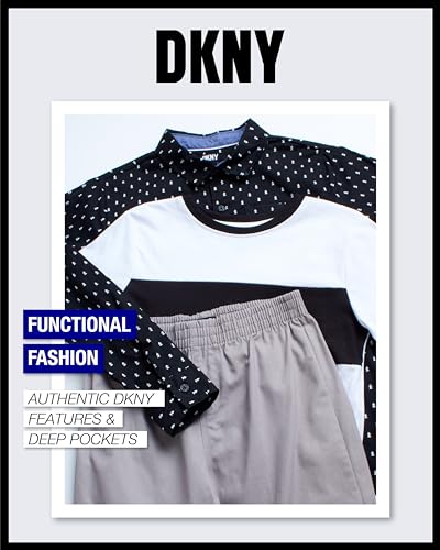 DKNY Boys' Pants Set - 3 Piece Long Sleeve Button Down Plaid Shirt, T-Shirt, Jogger Pants - Clothing Set for Boys (4-12), Size 8, Black