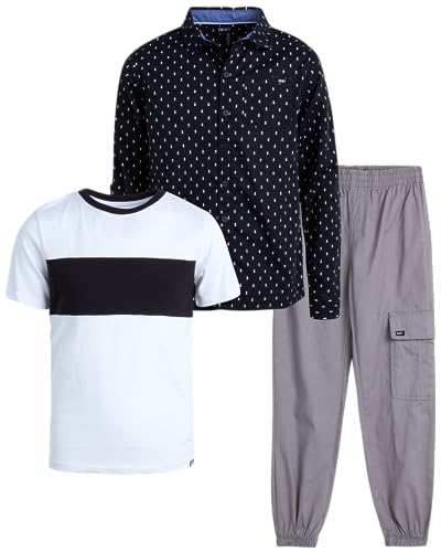 DKNY Boys' Pants Set - 3 Piece Long Sleeve Button Down Plaid Shirt, T-Shirt, Jogger Pants - Clothing Set for Boys (4-12), Size 8, Black