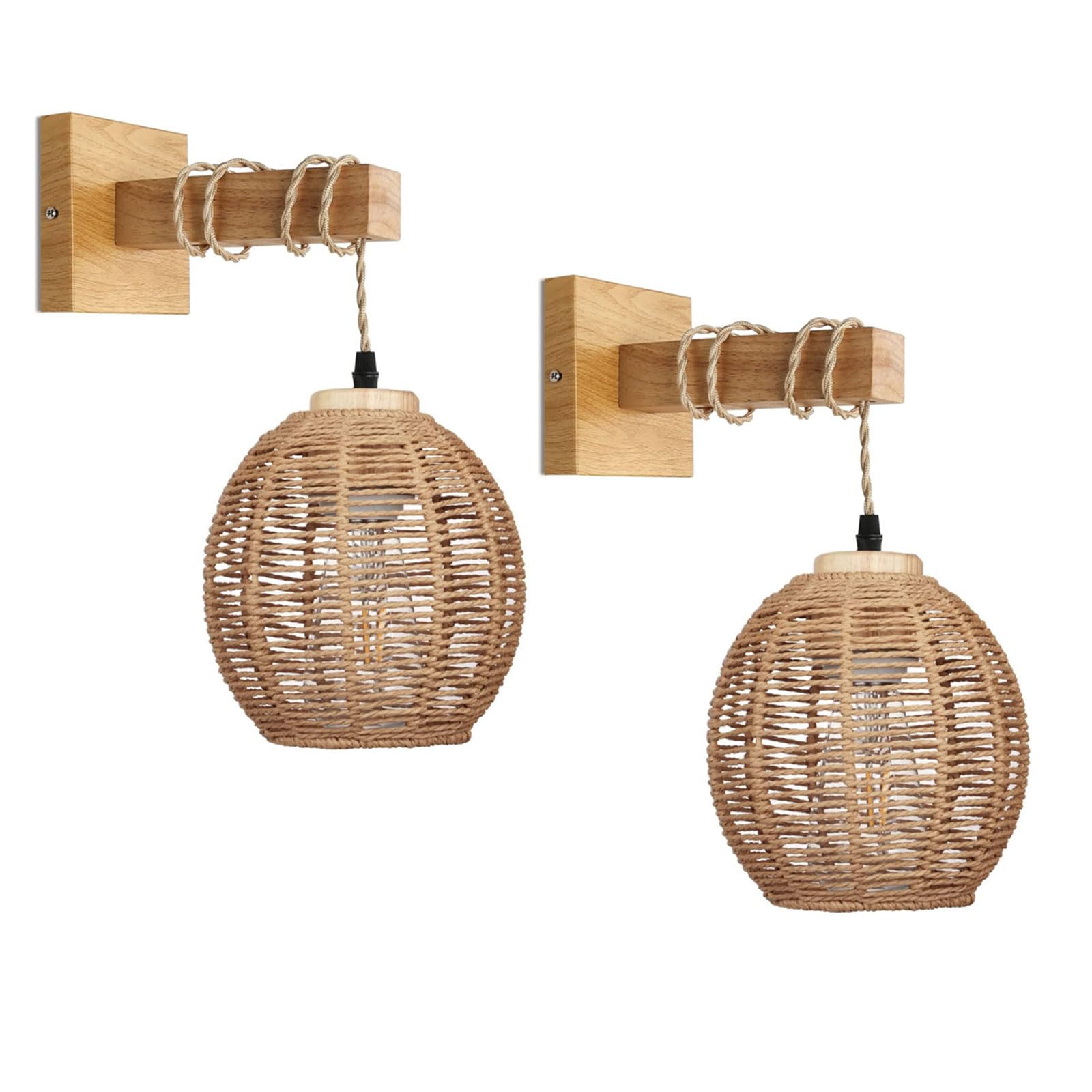 TIGKHAE 2Pcs Bamboo Lantern Wall Sconces Wicker Lamp Cord Hand Woven Rattan Wall Light Lamp Farmhouse Rustic Boho Sconces Wall Lighting for Living Room Bedroom E26