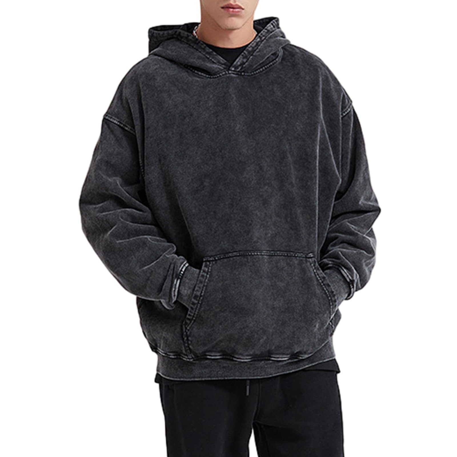 Bobeutou Oversized Hoodie Men Vintage Cotton Casual Hooded Sweatshirt Trendy Baggy Basic Hoodies Retro Pullover Streetwear (Black,2XL,XX-Large)
