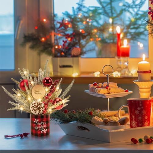 AILANDA Small Christmas Tree with 20LED Lights, 13.4" Artificial Mini Tabletop Christmas Tree with Xmas Ball Ornaments Pine Cone Berry for Table Thankgivings Christmas Decorations Home Indoor Decor