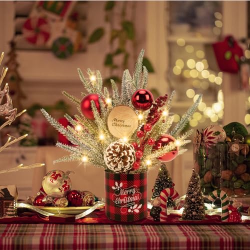 AILANDA Small Christmas Tree with 20LED Lights, 13.4" Artificial Mini Tabletop Christmas Tree with Xmas Ball Ornaments Pine Cone Berry for Table Thankgivings Christmas Decorations Home Indoor Decor