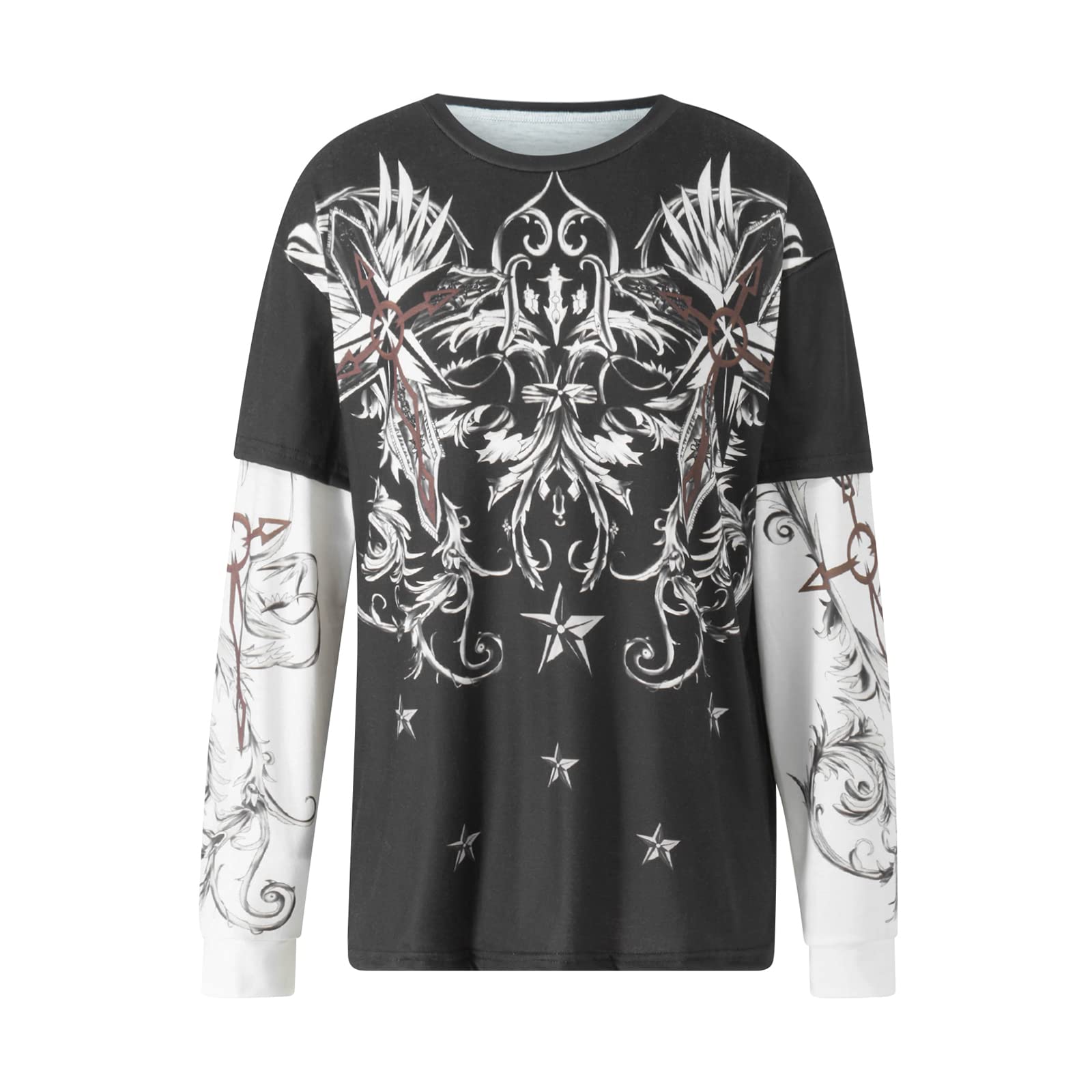 Axupico Womens Fake Two-Piece Gothic Shirts Long Sleeve E-Girls Aesthetic Grunge Tops Vintage Graphic Fall Clothes (1-Black, L)