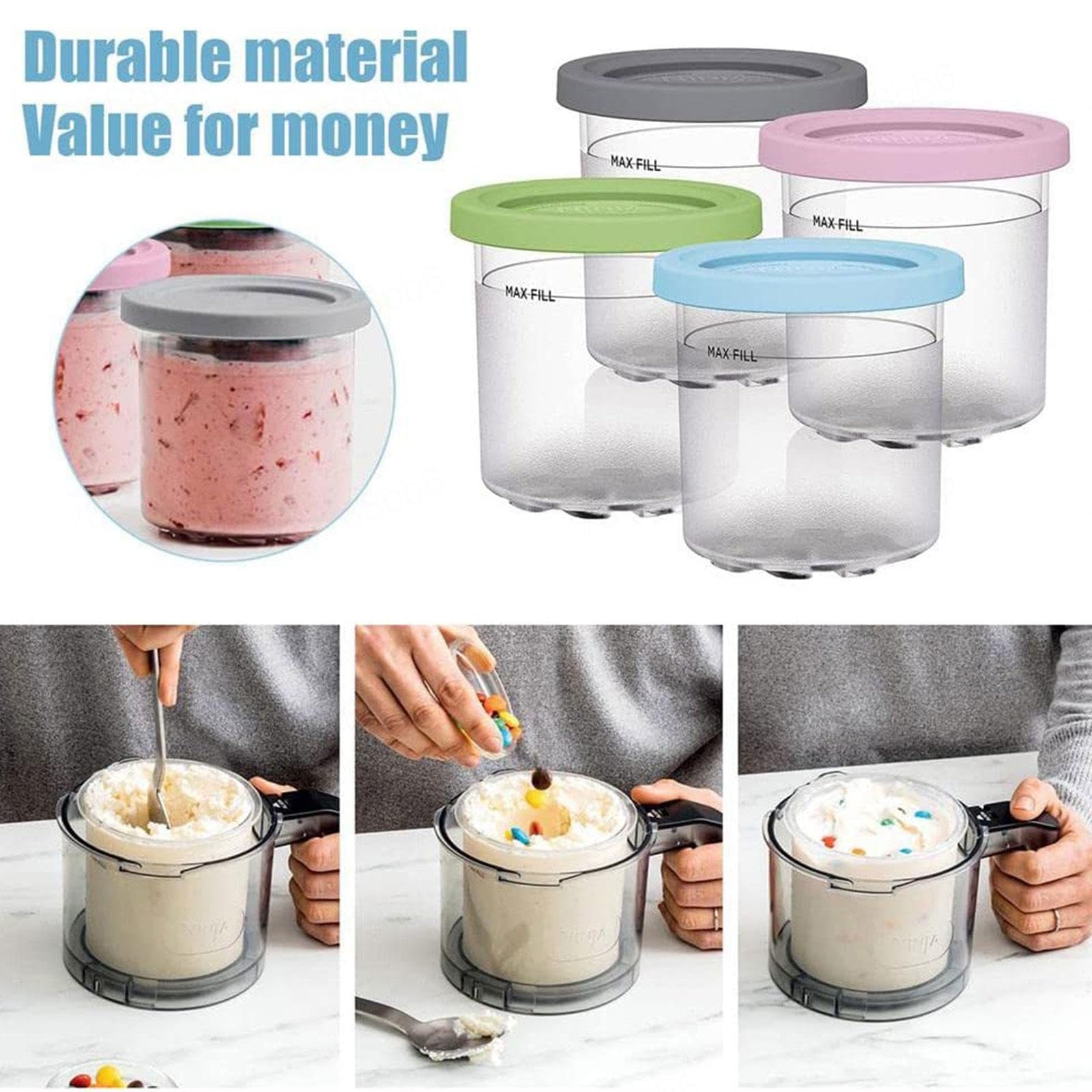 Creami Pints and Lids, for Ninja Pints,16 OZ Ice Cream Storage Containers Airtight,Reusable Compatible NC301 NC300 NC299AMZ Series Ice Cream Maker