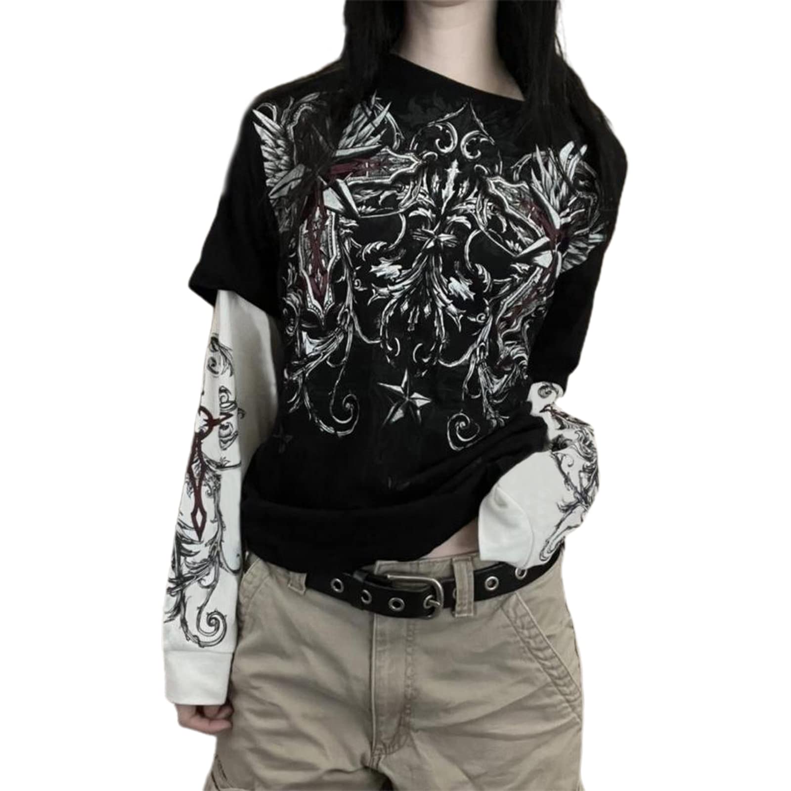 Axupico Womens Fake Two-Piece Gothic Shirts Long Sleeve E-Girls Aesthetic Grunge Tops Vintage Graphic Fall Clothes (1-Black, L)
