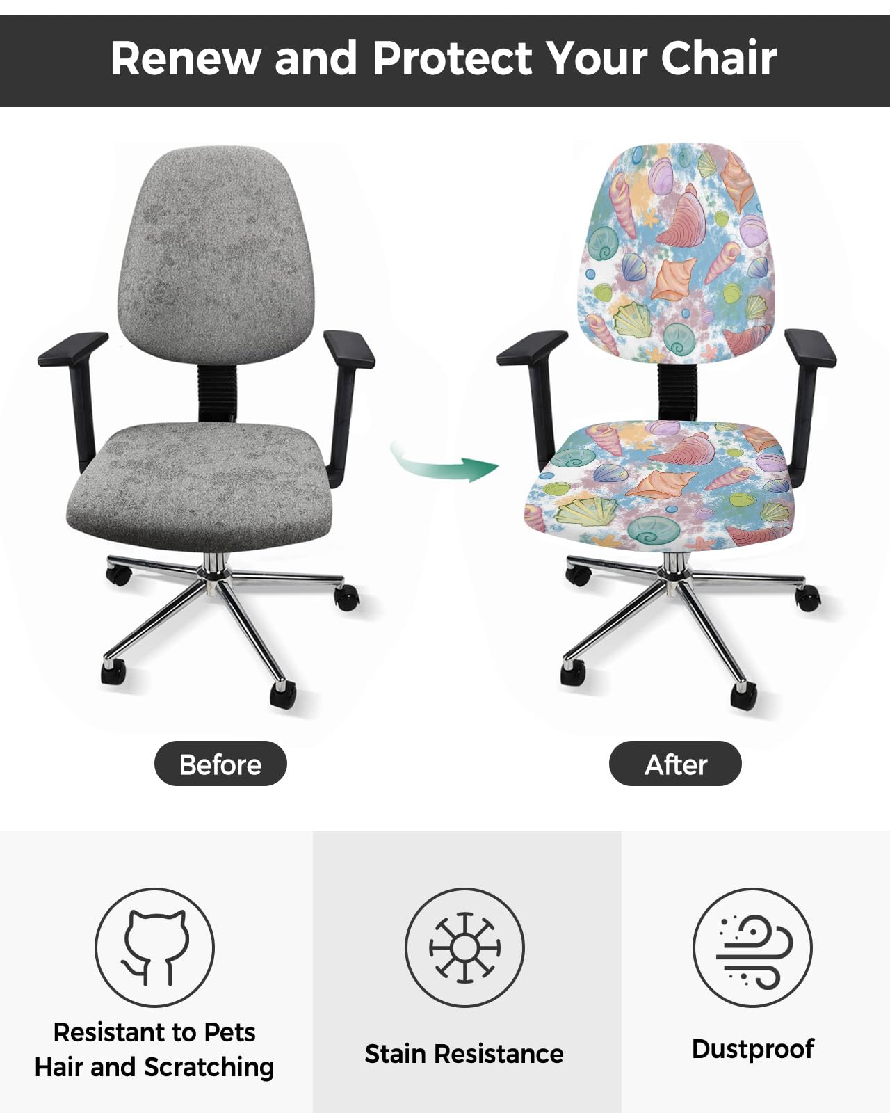 Colorful Conch Shell Office Chair Cover Stretchable Computer Chair Seat Cover Backrest Slipcovers, Ocean Beach Starfish Coastal Blue Pink Stretchable Rotating Desk Chair Seat Cushion Split Protectors