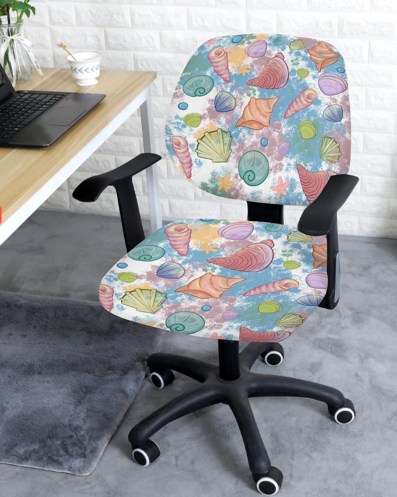 Colorful Conch Shell Office Chair Cover Stretchable Computer Chair Seat Cover Backrest Slipcovers, Ocean Beach Starfish Coastal Blue Pink Stretchable Rotating Desk Chair Seat Cushion Split Protectors