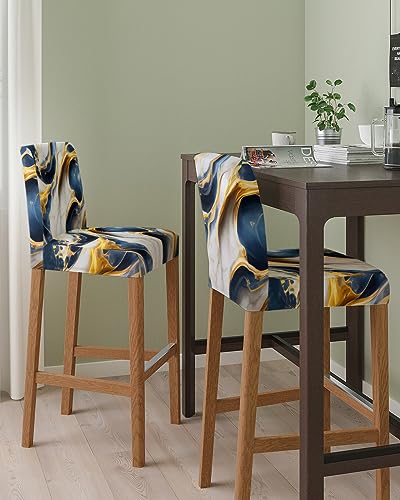 Navy Blue Gold Bar Stool Chair Covers with Backs Set of 4,Stretch Pub Counter Height Chairs Slipcovers Furniture Seat Protector for Kitchen Dining Room Cafe,Marble Modern Art Abstract Gradient Gray