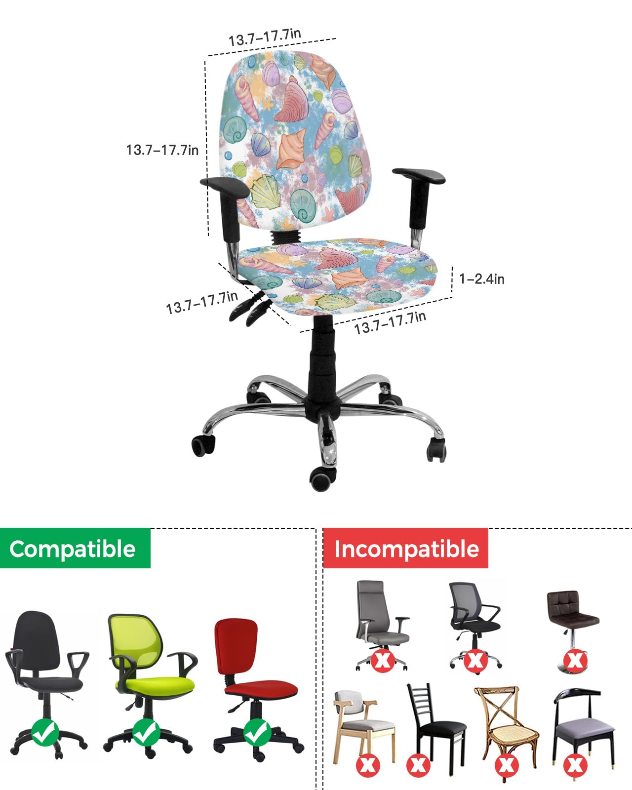 Colorful Conch Shell Office Chair Cover Stretchable Computer Chair Seat Cover Backrest Slipcovers, Ocean Beach Starfish Coastal Blue Pink Stretchable Rotating Desk Chair Seat Cushion Split Protectors