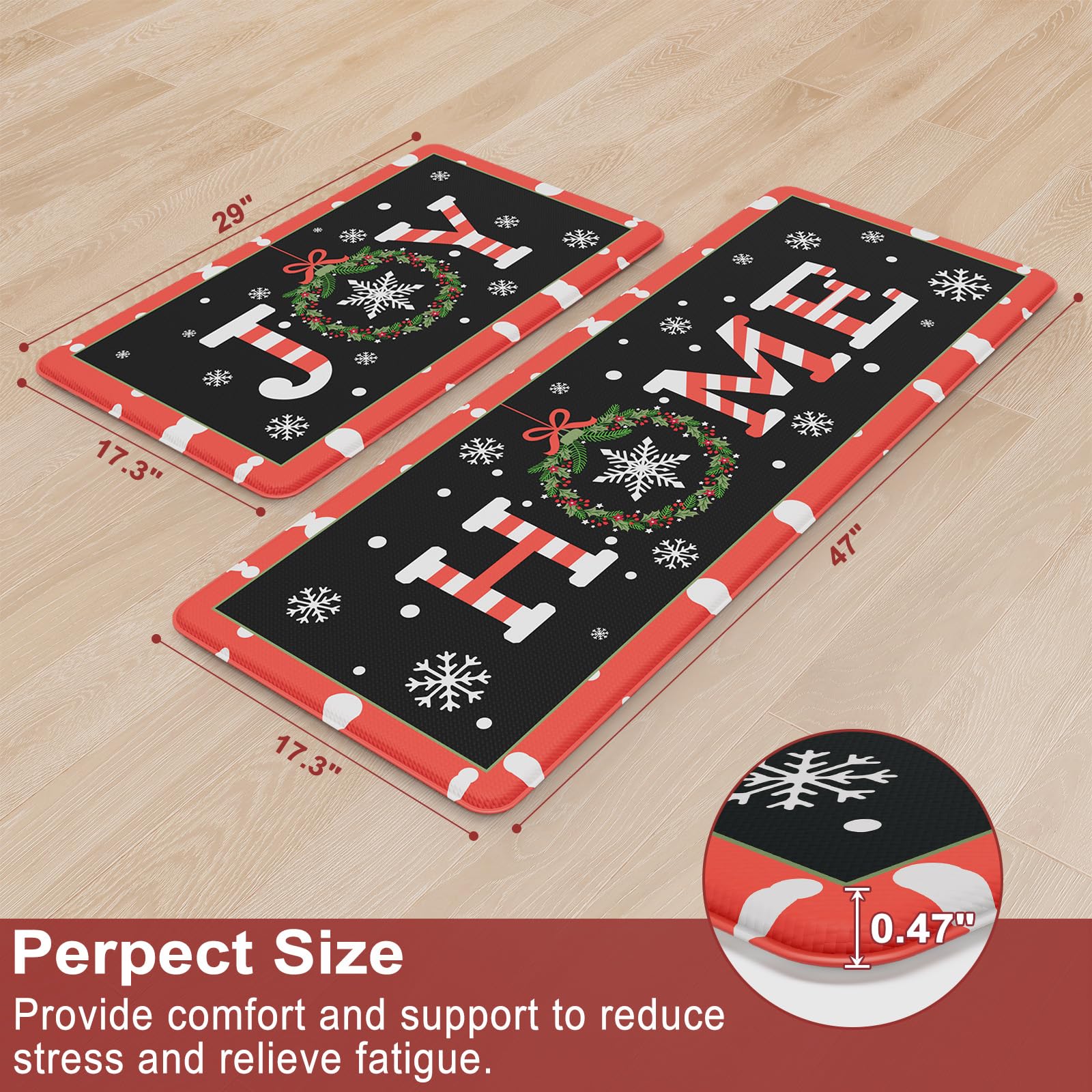 Christmas Joy Winter Snowflake Kitchen Floor Mat, Cushioned Anti Fatigue Kitchen Rug Waterproof Non Slip Comfort Foam Standing Mat for Kitchen Office Sink Laundry 17x30+17x47inch