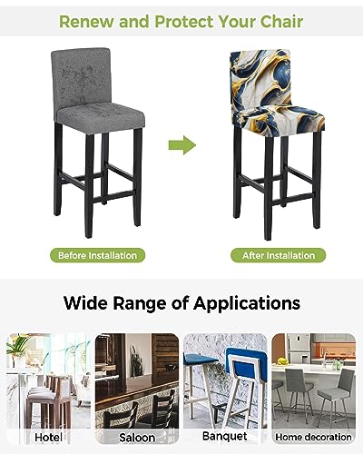Navy Blue Gold Bar Stool Chair Covers with Backs Set of 4,Stretch Pub Counter Height Chairs Slipcovers Furniture Seat Protector for Kitchen Dining Room Cafe,Marble Modern Art Abstract Gradient Gray