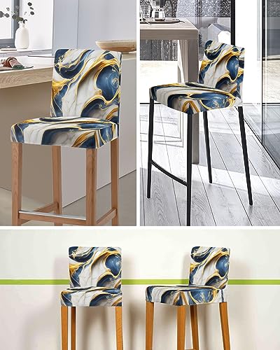 Navy Blue Gold Bar Stool Chair Covers with Backs Set of 4,Stretch Pub Counter Height Chairs Slipcovers Furniture Seat Protector for Kitchen Dining Room Cafe,Marble Modern Art Abstract Gradient Gray
