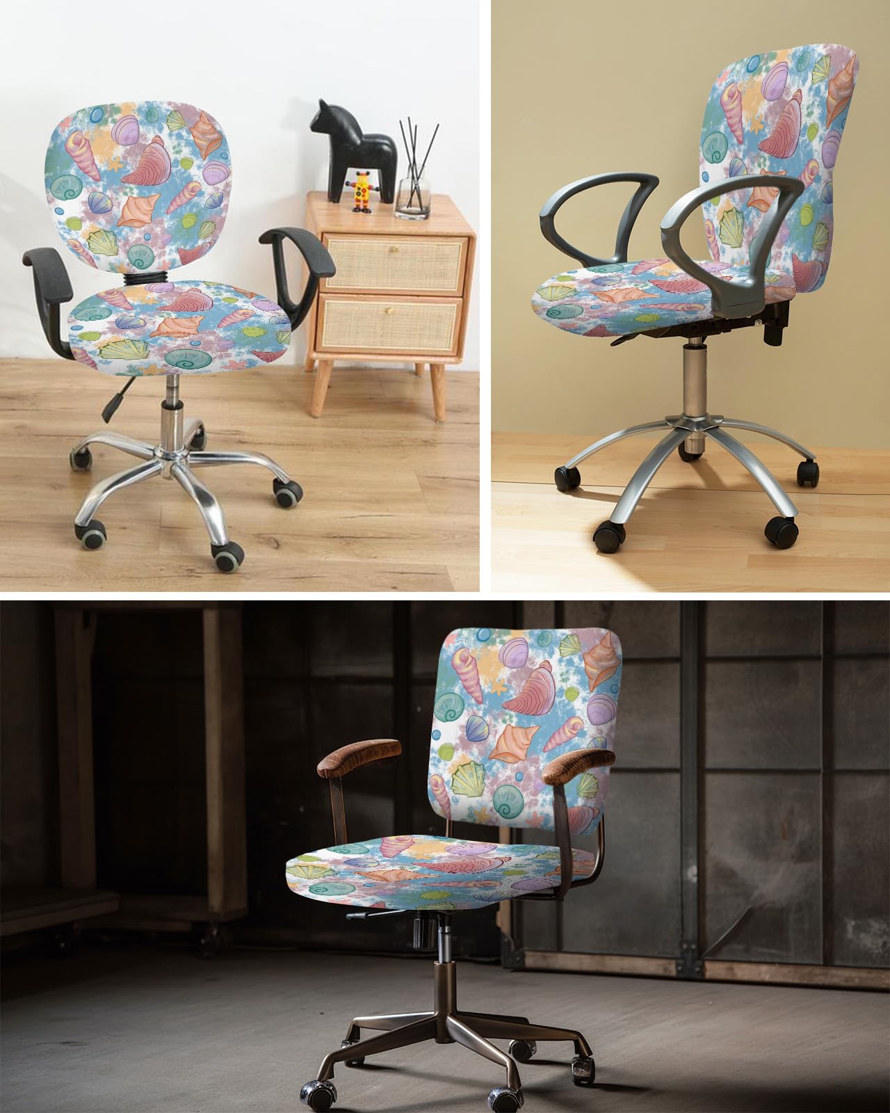 Colorful Conch Shell Office Chair Cover Stretchable Computer Chair Seat Cover Backrest Slipcovers, Ocean Beach Starfish Coastal Blue Pink Stretchable Rotating Desk Chair Seat Cushion Split Protectors