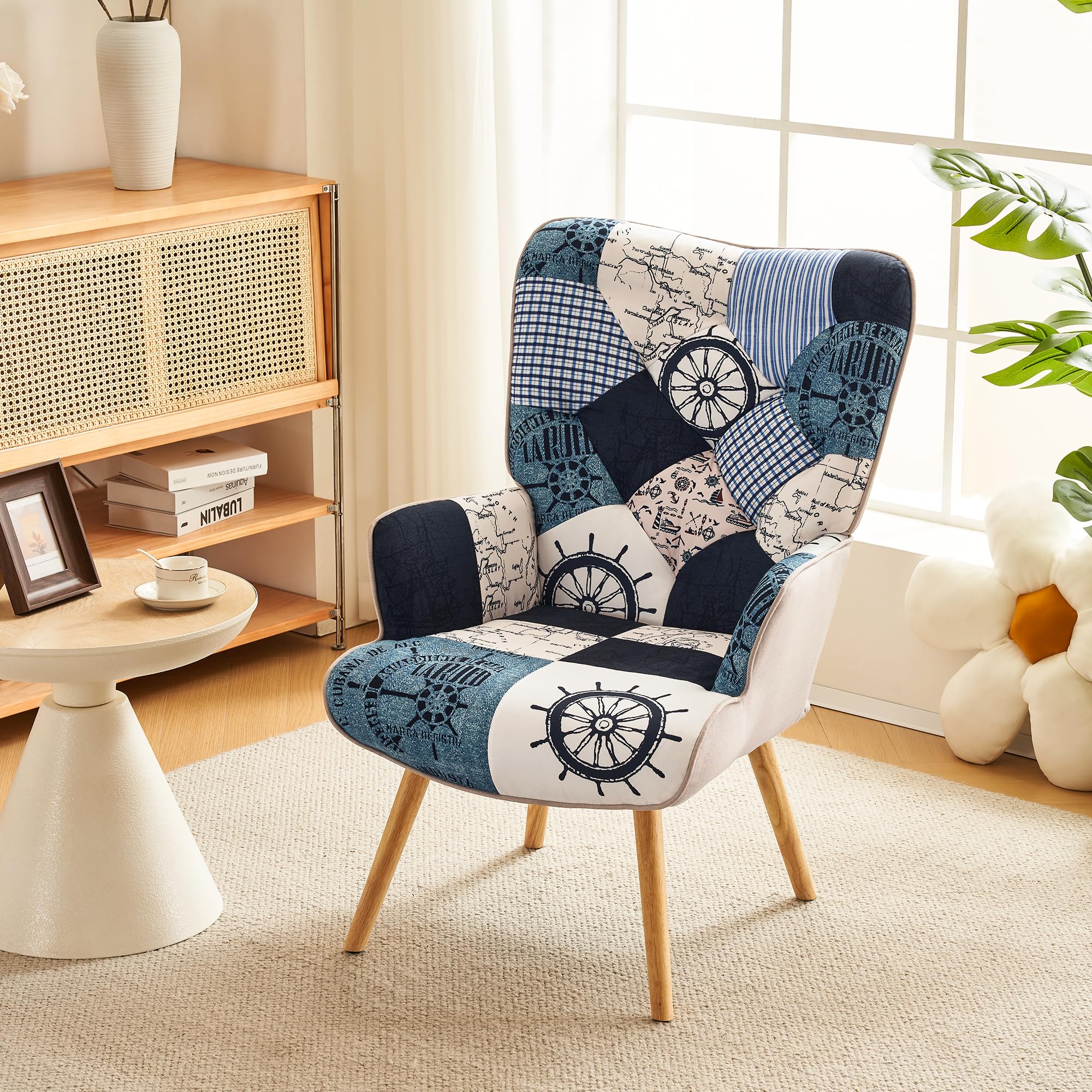 Fahomiss Accent Chair, Living Room Chair, Modern High Back Armchair, Colorful Patchwork Reading Chairs for Bedroom, Lounge Chair with Linen Fabric Shell and Solid Wood Feets (1, Blue)