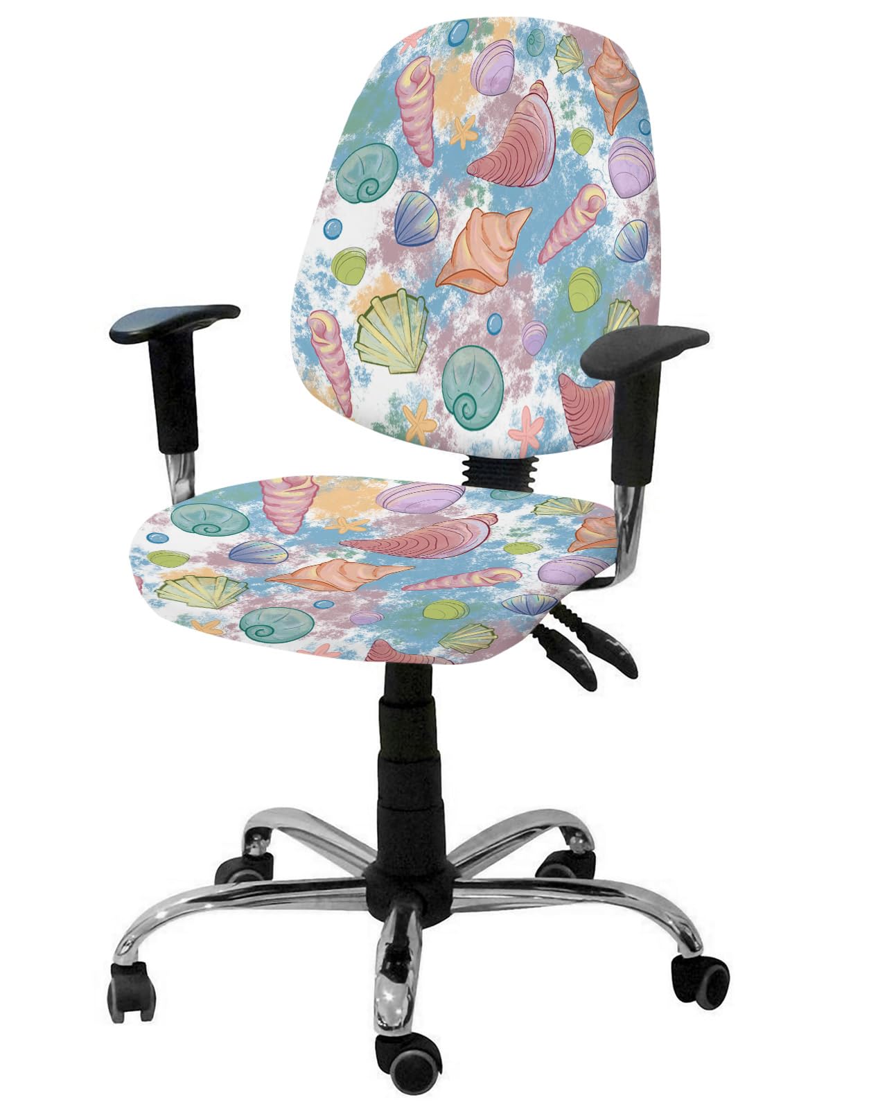 Colorful Conch Shell Office Chair Cover Stretchable Computer Chair Seat Cover Backrest Slipcovers, Ocean Beach Starfish Coastal Blue Pink Stretchable Rotating Desk Chair Seat Cushion Split Protectors