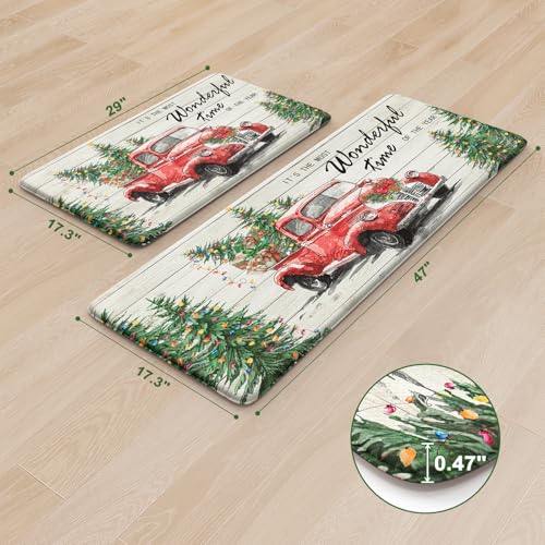 KIMODE Christmas Kitchen Rugs Set of 2,Red Truck Xmas Tree Kitchen Rugs and Mats,Anti Fatigue Non Slip Kitchen Floor Mat,Farmhouse Comfort Standing Mat,Christmas Decorations for Home Kitchen