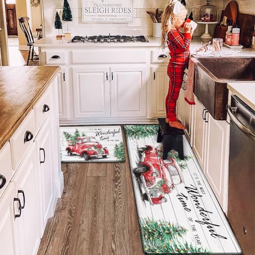 KIMODE Christmas Kitchen Rugs Set of 2,Red Truck Xmas Tree Kitchen Rugs and Mats,Anti Fatigue Non Slip Kitchen Floor Mat,Farmhouse Comfort Standing Mat,Christmas Decorations for Home Kitchen