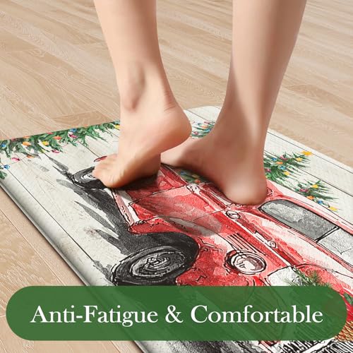KIMODE Christmas Kitchen Rugs Set of 2,Red Truck Xmas Tree Kitchen Rugs and Mats,Anti Fatigue Non Slip Kitchen Floor Mat,Farmhouse Comfort Standing Mat,Christmas Decorations for Home Kitchen