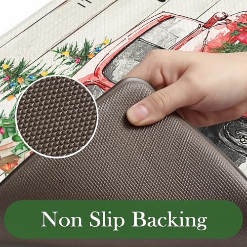 KIMODE Christmas Kitchen Rugs Set of 2,Red Truck Xmas Tree Kitchen Rugs and Mats,Anti Fatigue Non Slip Kitchen Floor Mat,Farmhouse Comfort Standing Mat,Christmas Decorations for Home Kitchen